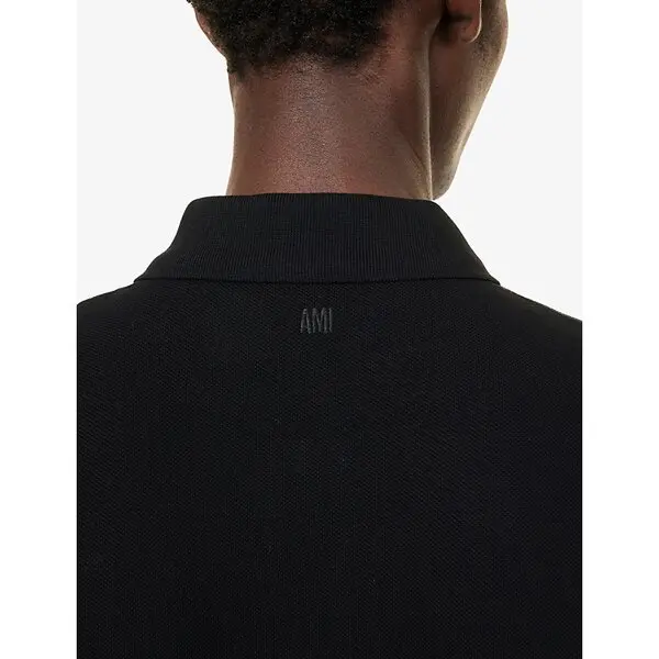 AMI Paris Logo-embroidered Cotton Polo T-shirt - Noir