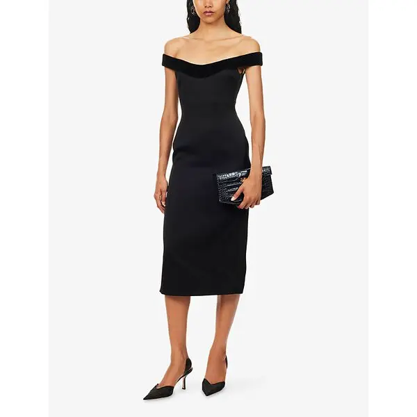 David Koma Off-shoulder Satin Midi Dress With Velvet Trim