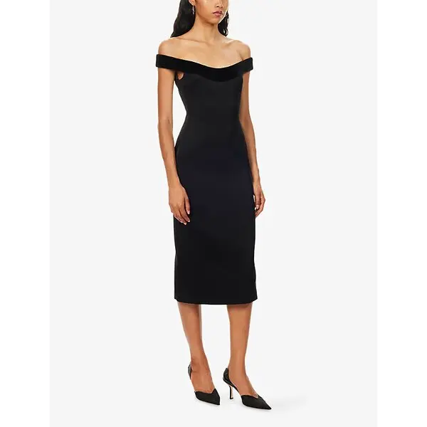 David Koma Off-shoulder Satin Midi Dress With Velvet Trim