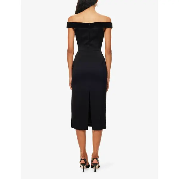 David Koma Off-shoulder Satin Midi Dress With Velvet Trim