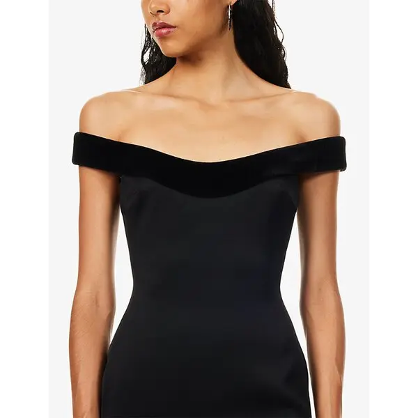 David Koma Off-shoulder Satin Midi Dress With Velvet Trim