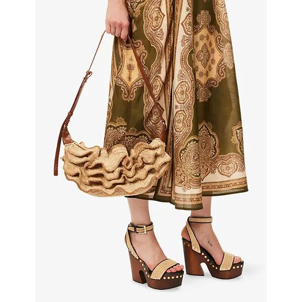 Zimmermann Goldentime Ruffle Raffia Shoulder Bag