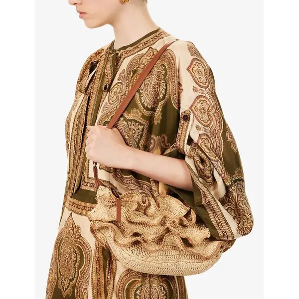 Zimmermann Goldentime Ruffle Raffia Shoulder Bag