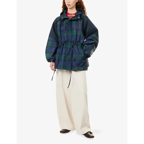 DAMSON MADDER Checked Raincoat With Drawstring Hood And Logo Embroidery