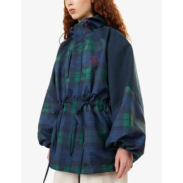 DAMSON MADDER Checked Raincoat With Drawstring Hood And Logo Embroidery