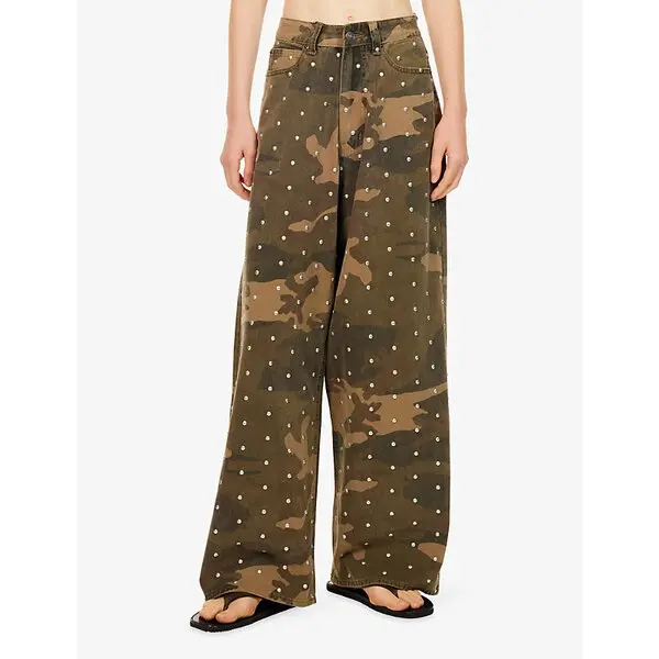 JADED LONDON Embellished Camouflage Wide-leg Cotton Trousers