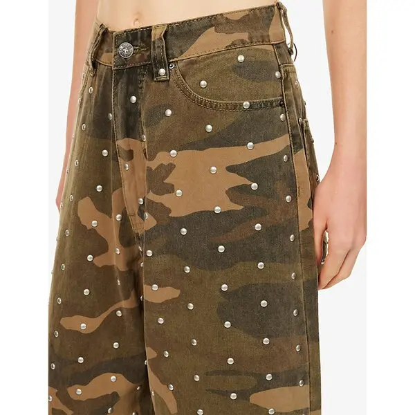 JADED LONDON Embellished Camouflage Wide-leg Cotton Trousers