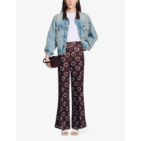 Sandro Floral Flared Woven Trousers