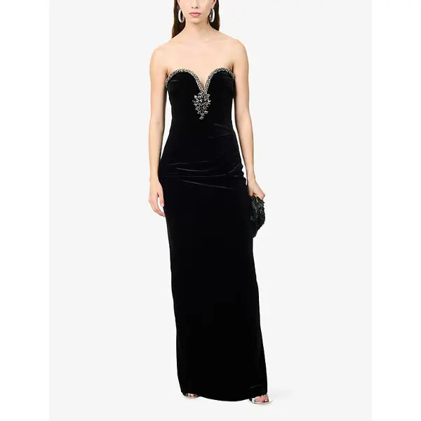 SELF-PORTRAIT Brooch-embellished Sweetheart-neck Velvet Maxi Dress