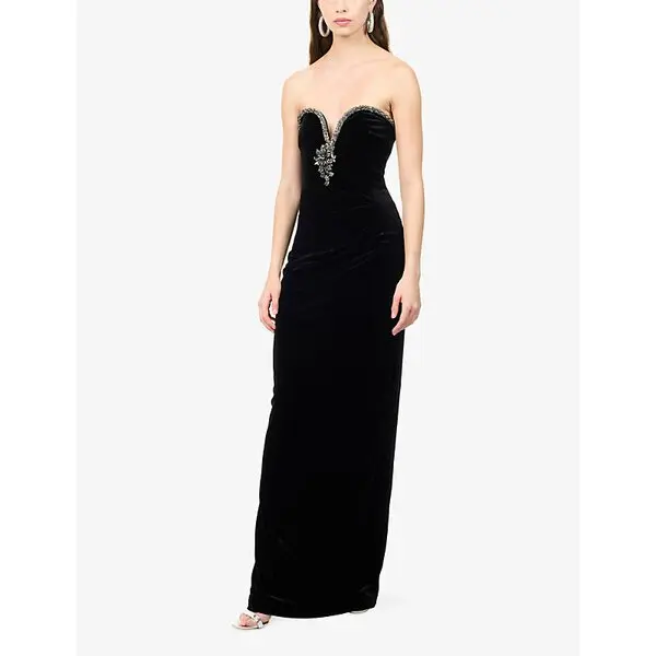 SELF-PORTRAIT Brooch-embellished Sweetheart-neck Velvet Maxi Dress