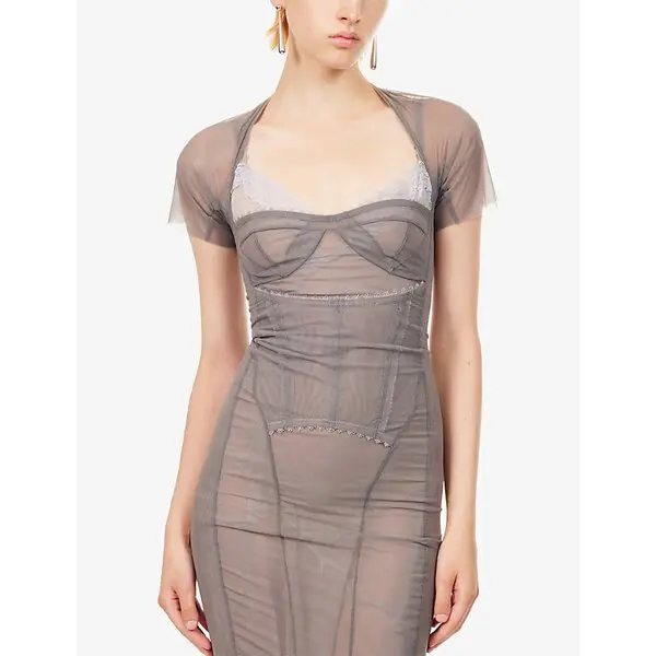 DILARA FINDIKOGLU Short Sleeve Sweetheart Neck Maxi Dress