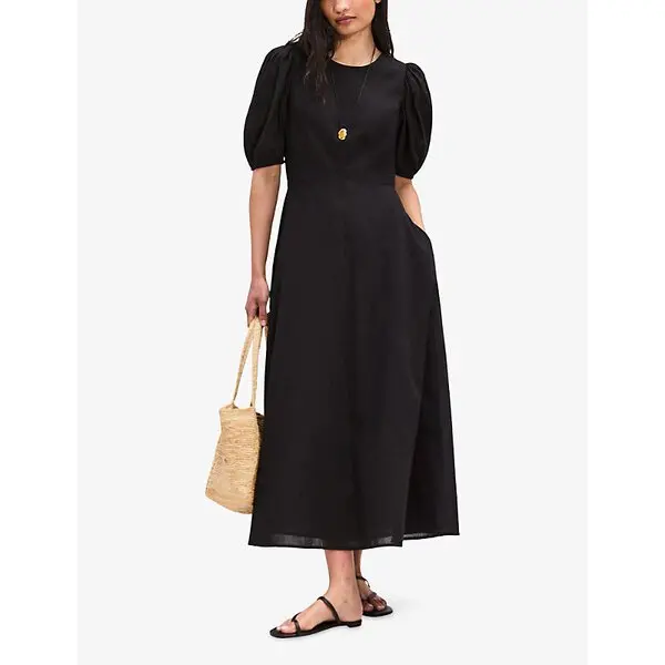 RO&ZO Seam-waist Puff-sleeve Cotton-voile Midi Dress