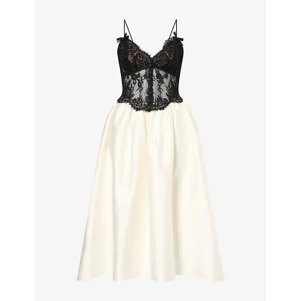 SELF-PORTRAIT Lace-bodice Flared-skirt Taffeta Midi Dress