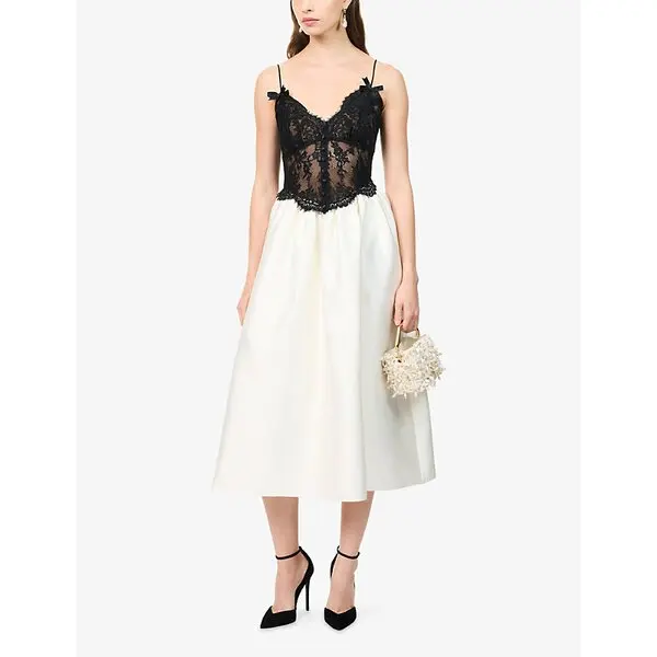 SELF-PORTRAIT Lace-bodice Flared-skirt Taffeta Midi Dress