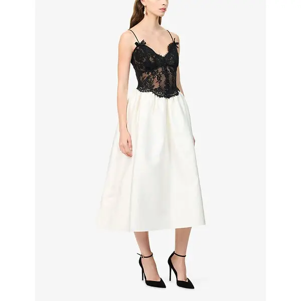 SELF-PORTRAIT Lace-bodice Flared-skirt Taffeta Midi Dress
