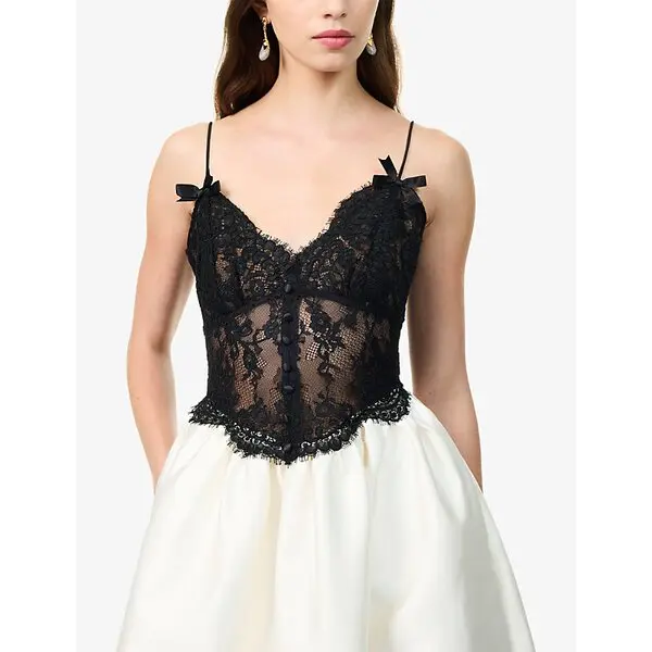 SELF-PORTRAIT Lace-bodice Flared-skirt Taffeta Midi Dress