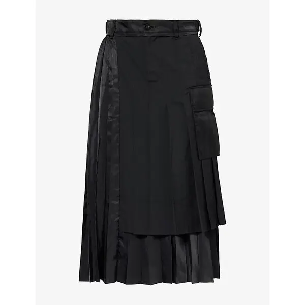 Sacai Pleated Woven Midi Skirt - Black
