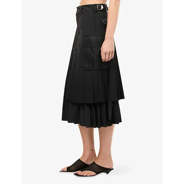 Sacai Pleated Woven Midi Skirt