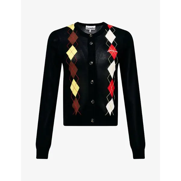 GANNI Cotton-knitted Argyle Cardigan - Black