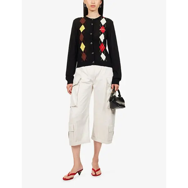 GANNI Cotton-knitted Argyle Cardigan - Black