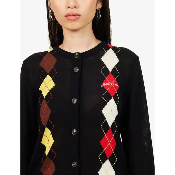 GANNI Cotton-knitted Argyle Cardigan - Black