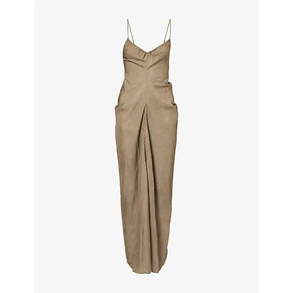 OUDE WAAG Tie-neck Draped Linen-blend Maxi Dress - Khaki