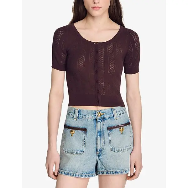 Sandro Short-sleeved Pointelle Knit Cropped Cardigan