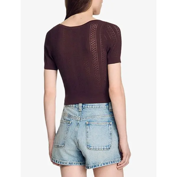 Sandro Short-sleeved Pointelle Knit Cropped Cardigan