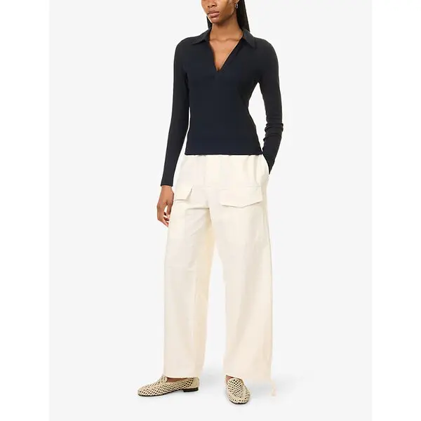 ME+EM V-neck Ribbed Cotton-blend Polo Top