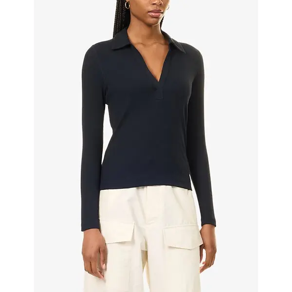 ME+EM V-neck Ribbed Cotton-blend Polo Top
