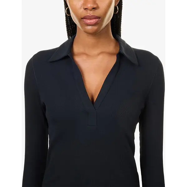 ME+EM V-neck Ribbed Cotton-blend Polo Top