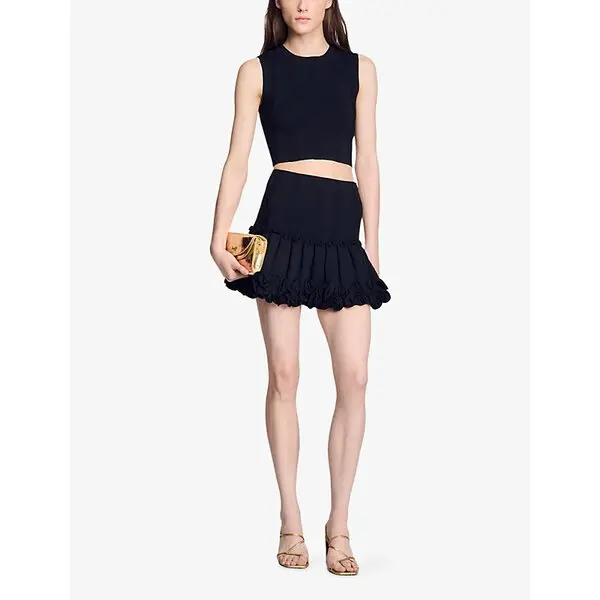 Sandro Floral-appliqué Flared-hem Knitted Mini Skirt