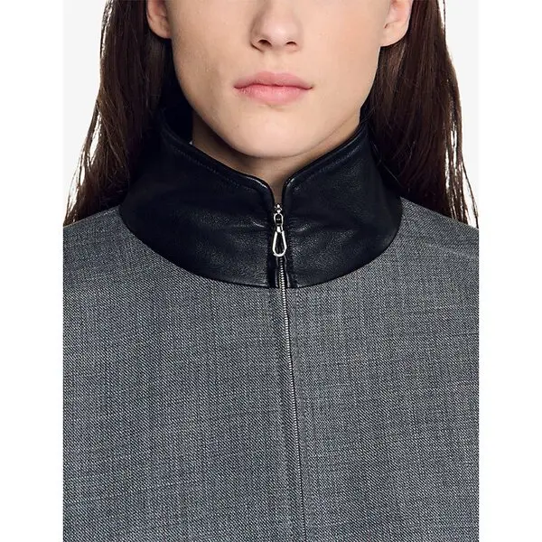 Sandro Relaxed-fit Wool Jacket With Leather Collar