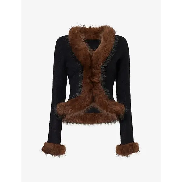 SELF-PORTRAIT Faux Fur Trimmed Woven Cardigan - Black
