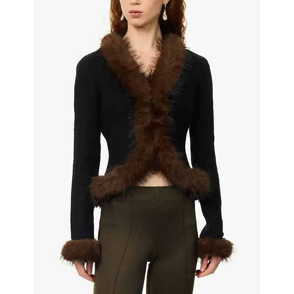 SELF-PORTRAIT Faux Fur Trimmed Woven Cardigan - Black