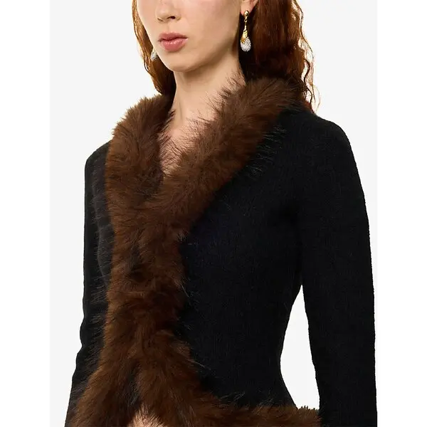 SELF-PORTRAIT Faux Fur Trimmed Woven Cardigan - Black