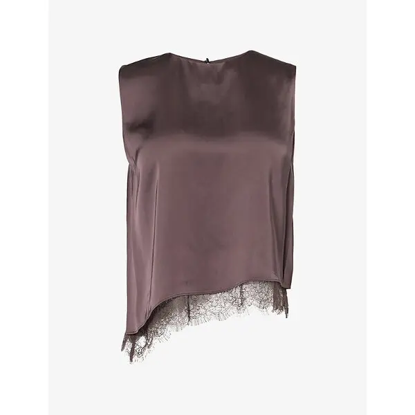 Vince Asymmetric-hem Lace-trim Satin Top - Iron