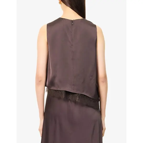 Vince Asymmetric-hem Lace-trim Satin Top