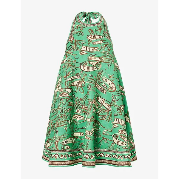 ALEMAIS Fish Sticks Printed Linen Mini Dress - Green