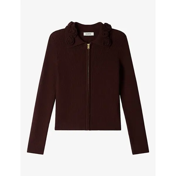 Sandro Floral-trim Zipped Wool-blend Cardigan
