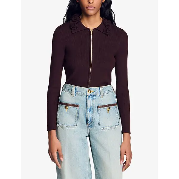 Sandro Floral-trim Zipped Wool-blend Cardigan