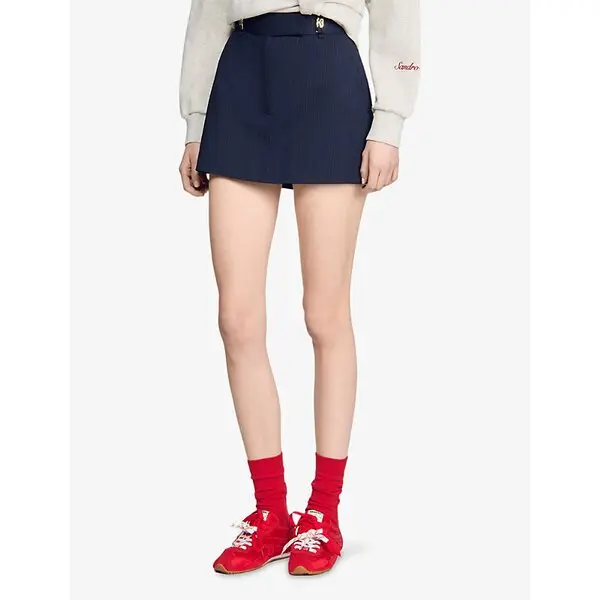Sandro Striped Flared Stretch Wool-blend Mini Skirt