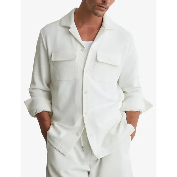 REISS Vento Cuban-collar Patch-pocket Stretch-woven Shirt