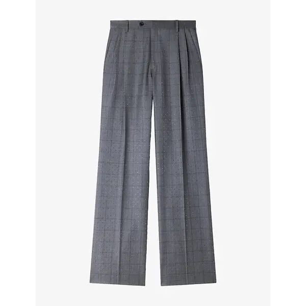 Sandro Rhinestone Check Wool Wide Leg Trousers