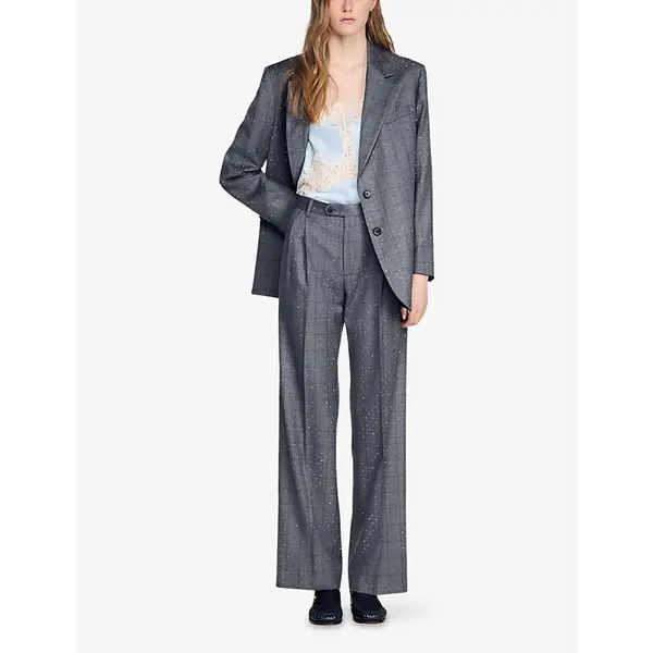 Sandro Rhinestone Check Wool Wide Leg Trousers