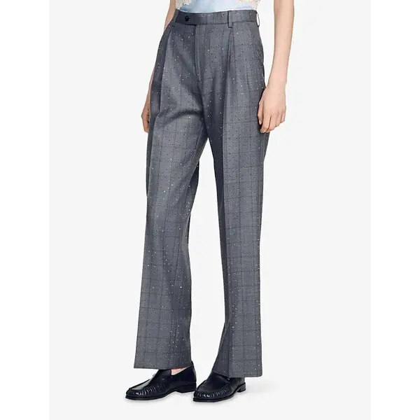 Sandro Rhinestone Check Wool Wide Leg Trousers