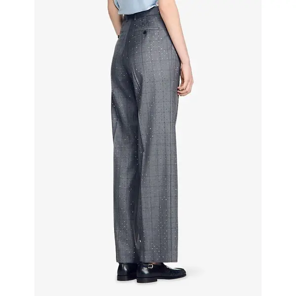 Sandro Rhinestone Check Wool Wide Leg Trousers