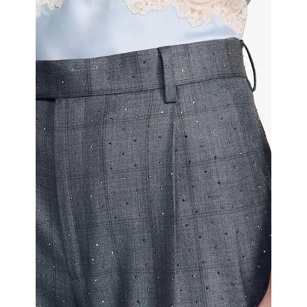 Sandro Rhinestone Check Wool Wide Leg Trousers