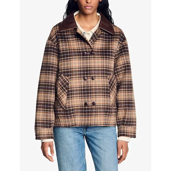 Sandro Checked Wool-blend Coat With Leather Collar