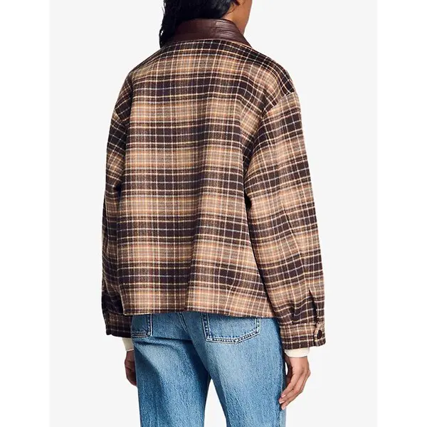 Sandro Checked Wool-blend Coat With Leather Collar